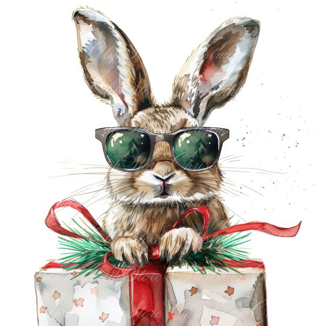10 Cool Christmas Rabbit and Gift Digital Illustration, High Quality ...