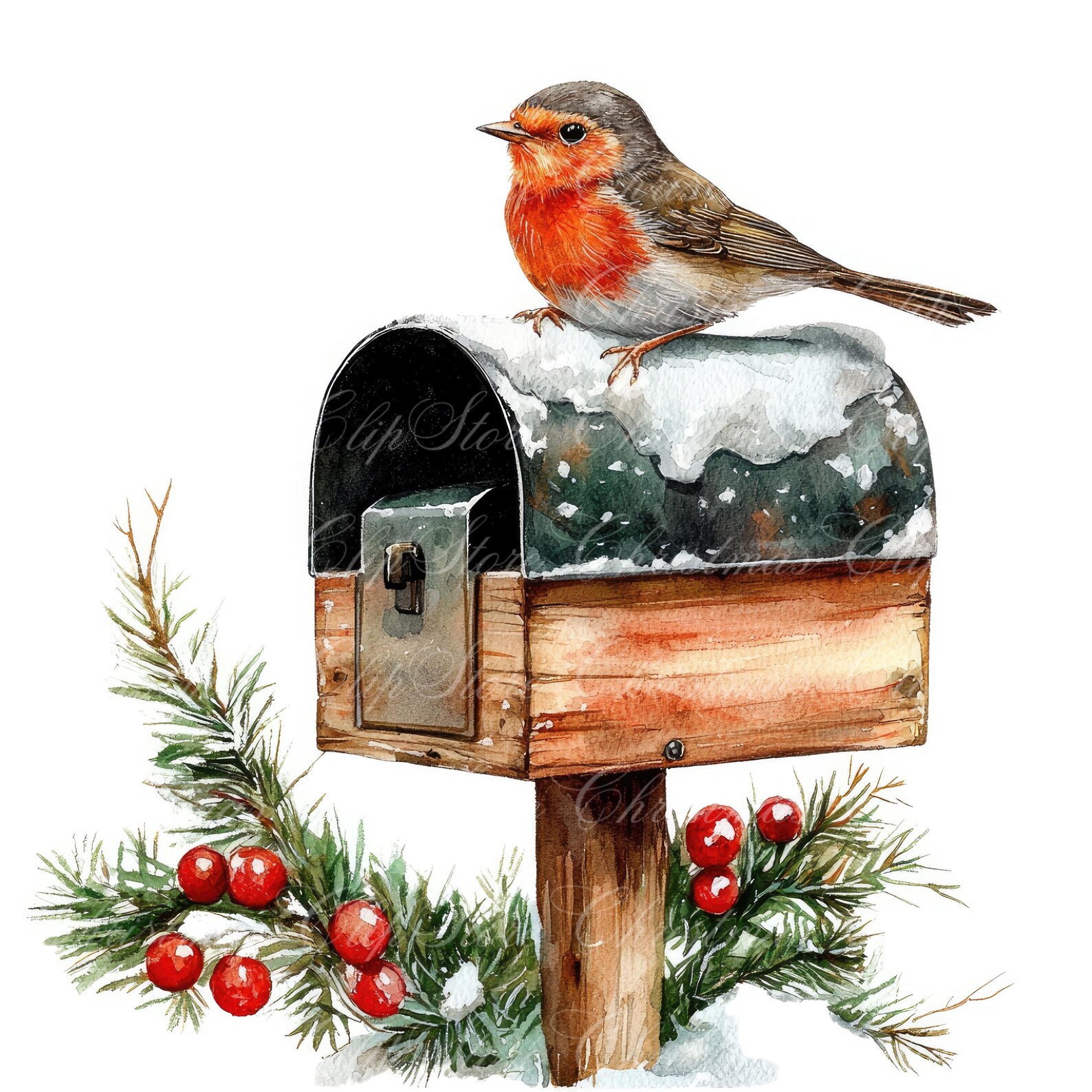 Robin on Mailbox Christmas Clipart, Nostalgic Holiday PNG JPG (digital ...