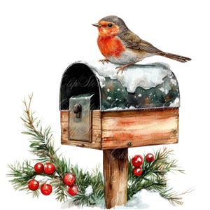 Robin on Mailbox Christmas Clipart, Nostalgic Holiday PNG JPG (digital ...