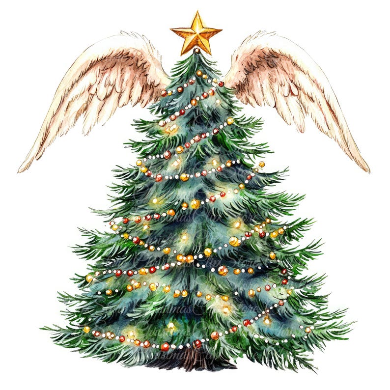 10 Christmas Tree With Angel Wings Digital Illustration, High Quality ...