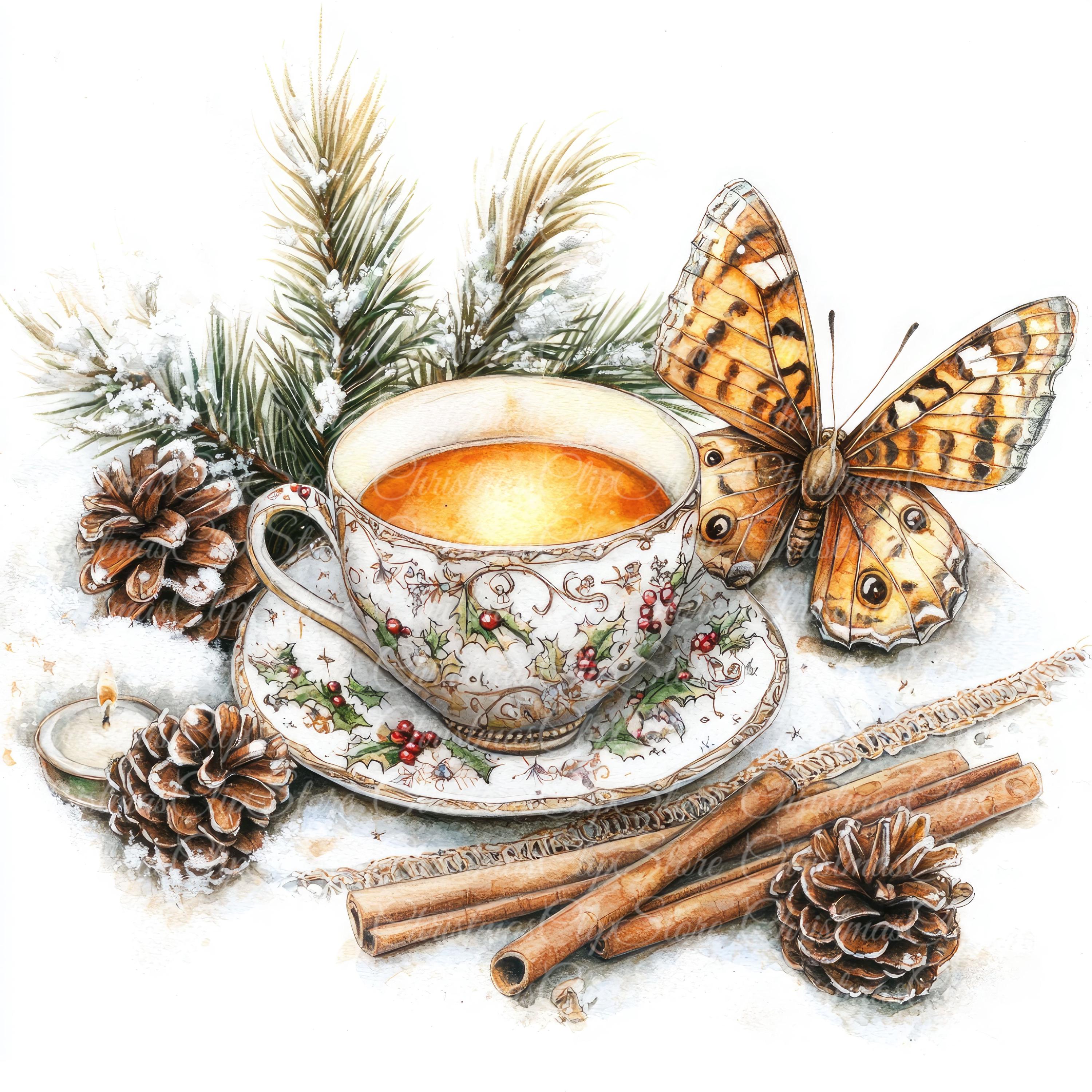 10 Christmas Tea and Butterfly Digital Illustrations, High Quality JPG ...