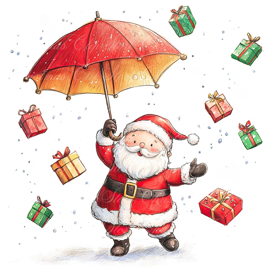 12 Santa Claus and Raining Christmas Gifts Digital Illustrations, High ...
