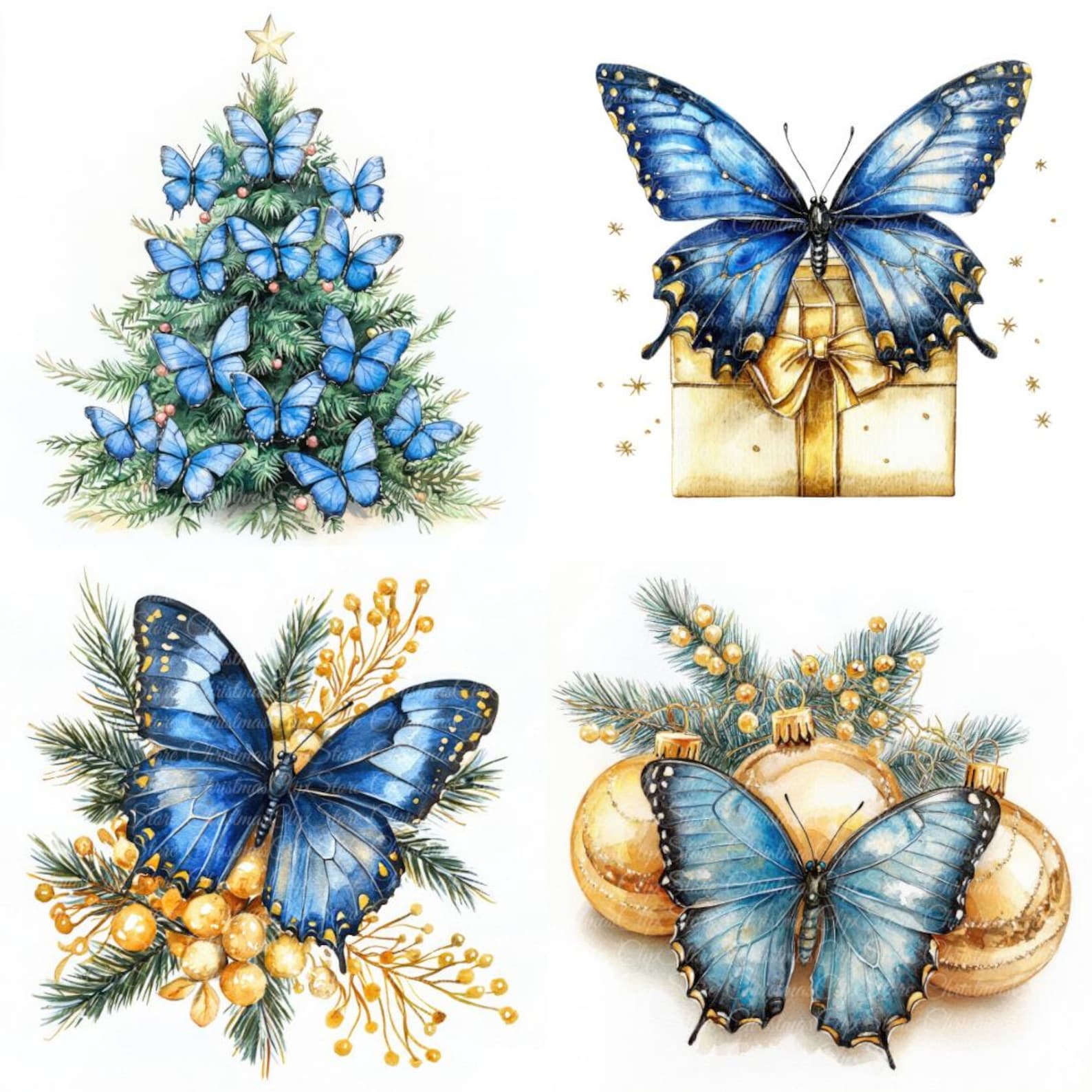 10 Blue Christmas Butterfly Digital Illustration, High Quality PNG ...