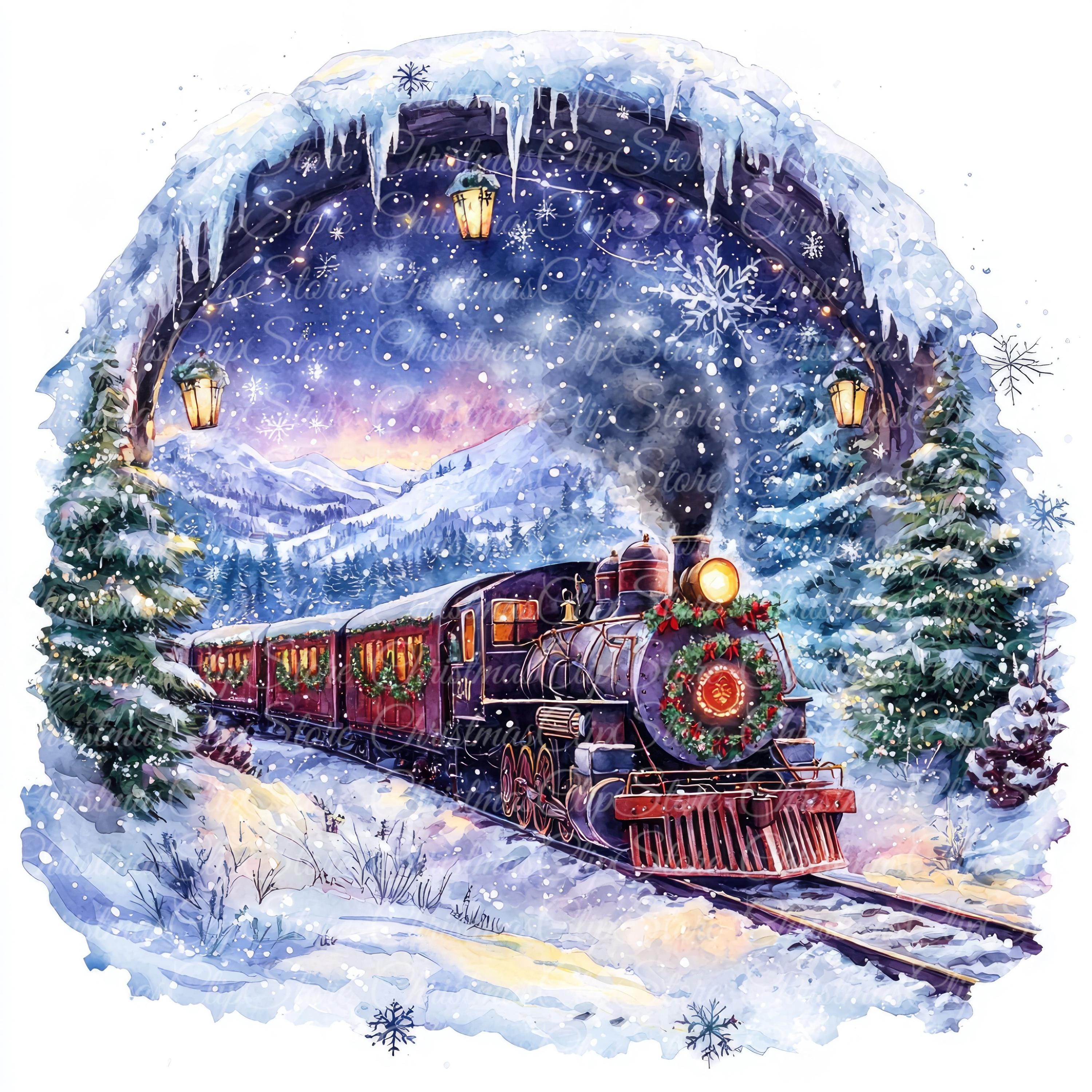 10 Magical Train on a Winter Evening Digital Illustrations, High ...