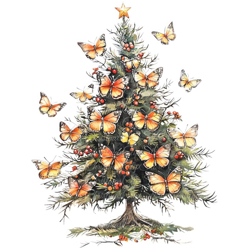 10 Butterflies Christmas Tree Digital Illustrations, High Quality PNG ...
