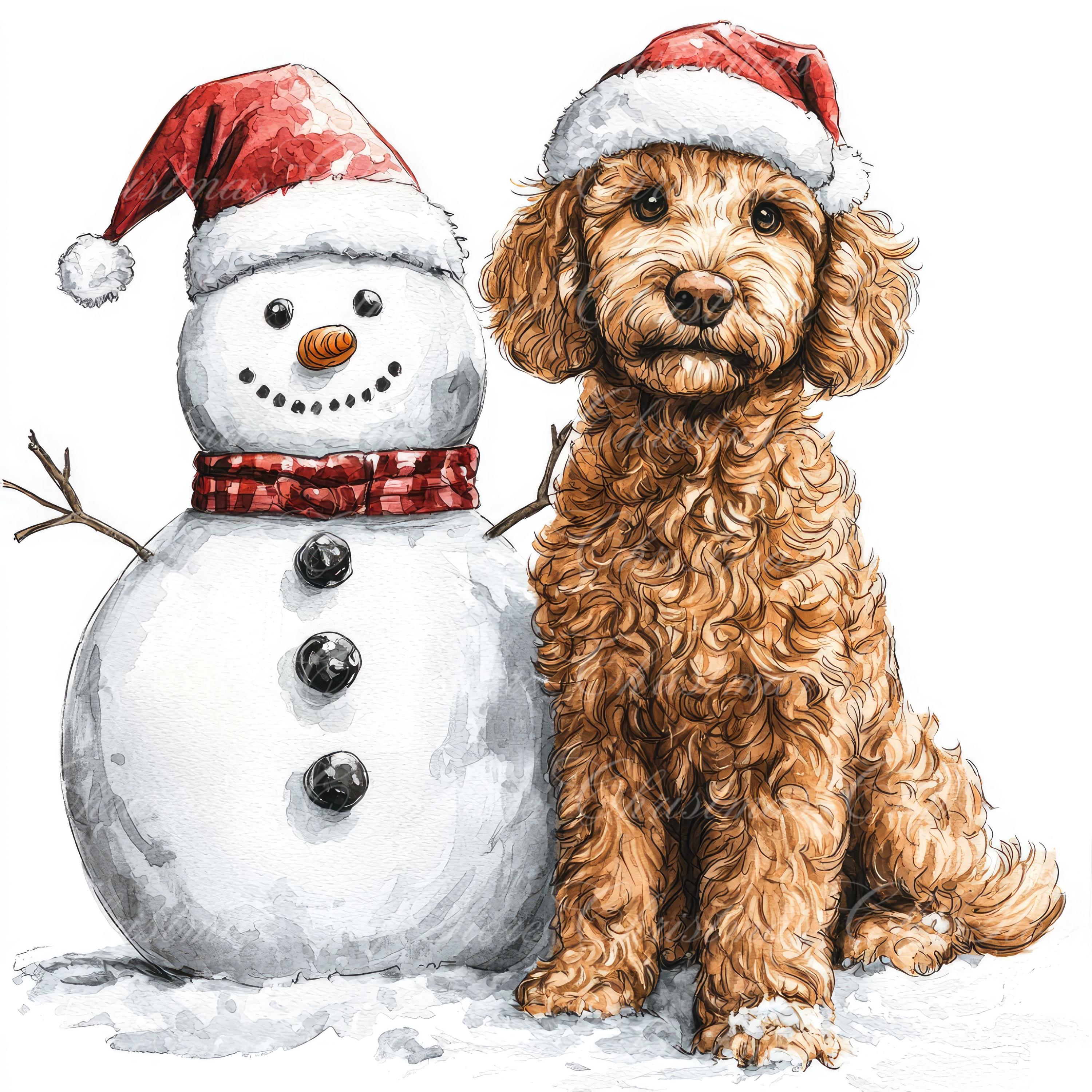 10 Christmas Goldendoodle and Snowman Digital Illustrations, High ...