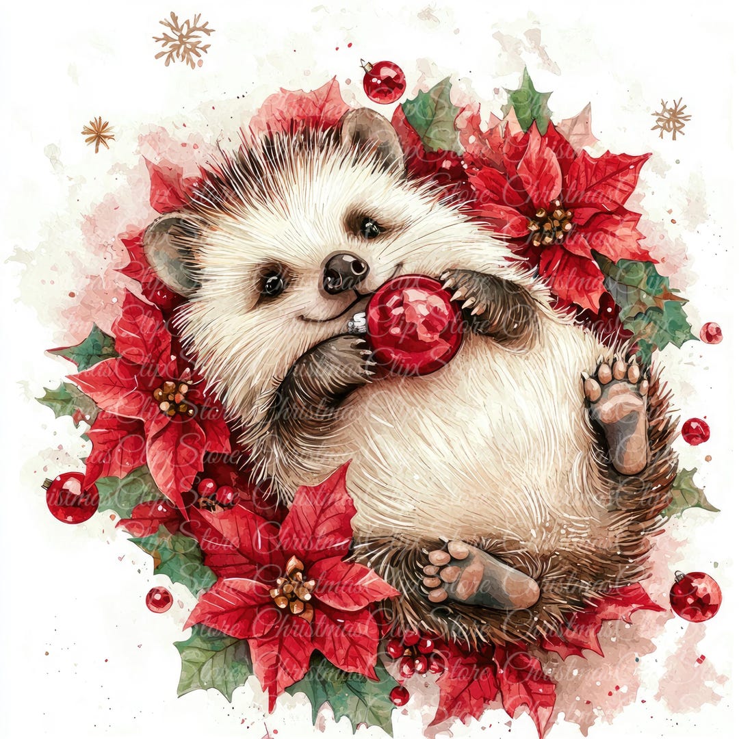 10 Christmas Hedgehog and Poinsettia Digital Illustrations, High ...