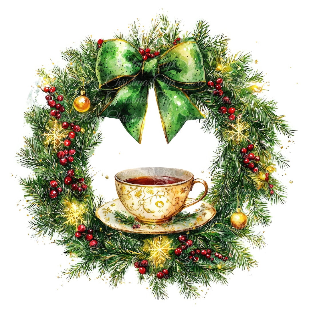 10 Christmas Wreath and Teacup Digital Illustrations, High Quality PNG ...