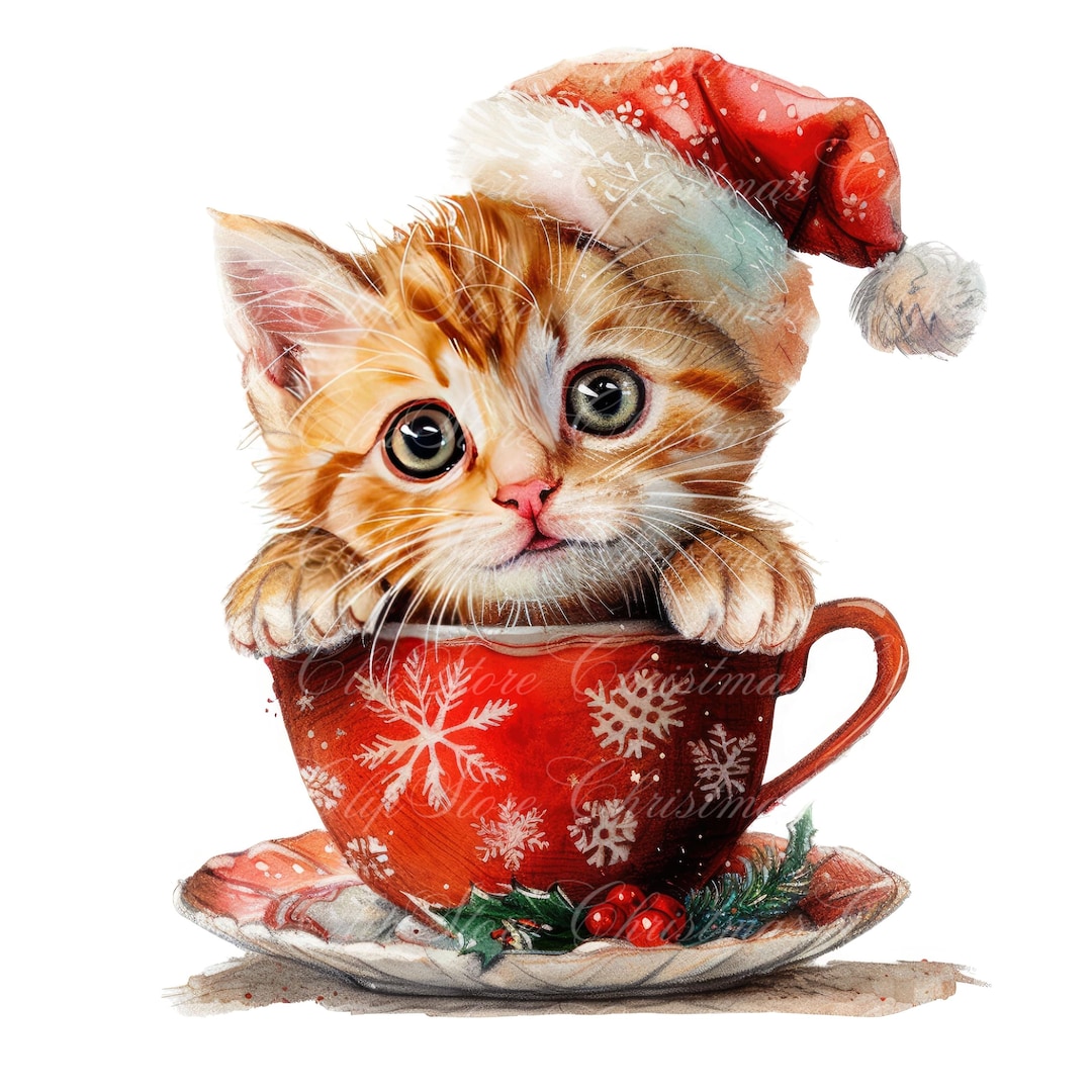 10 Christmas Cat in Teacup Digital Illustrations, High Quality PNG ...