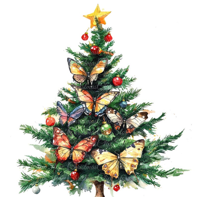 10 Butterflies Christmas Tree Digital Illustrations, High Quality PNG ...