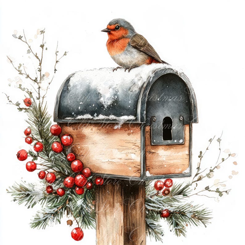 Robin on Mailbox Christmas Clipart, Nostalgic Holiday PNG JPG (digital ...