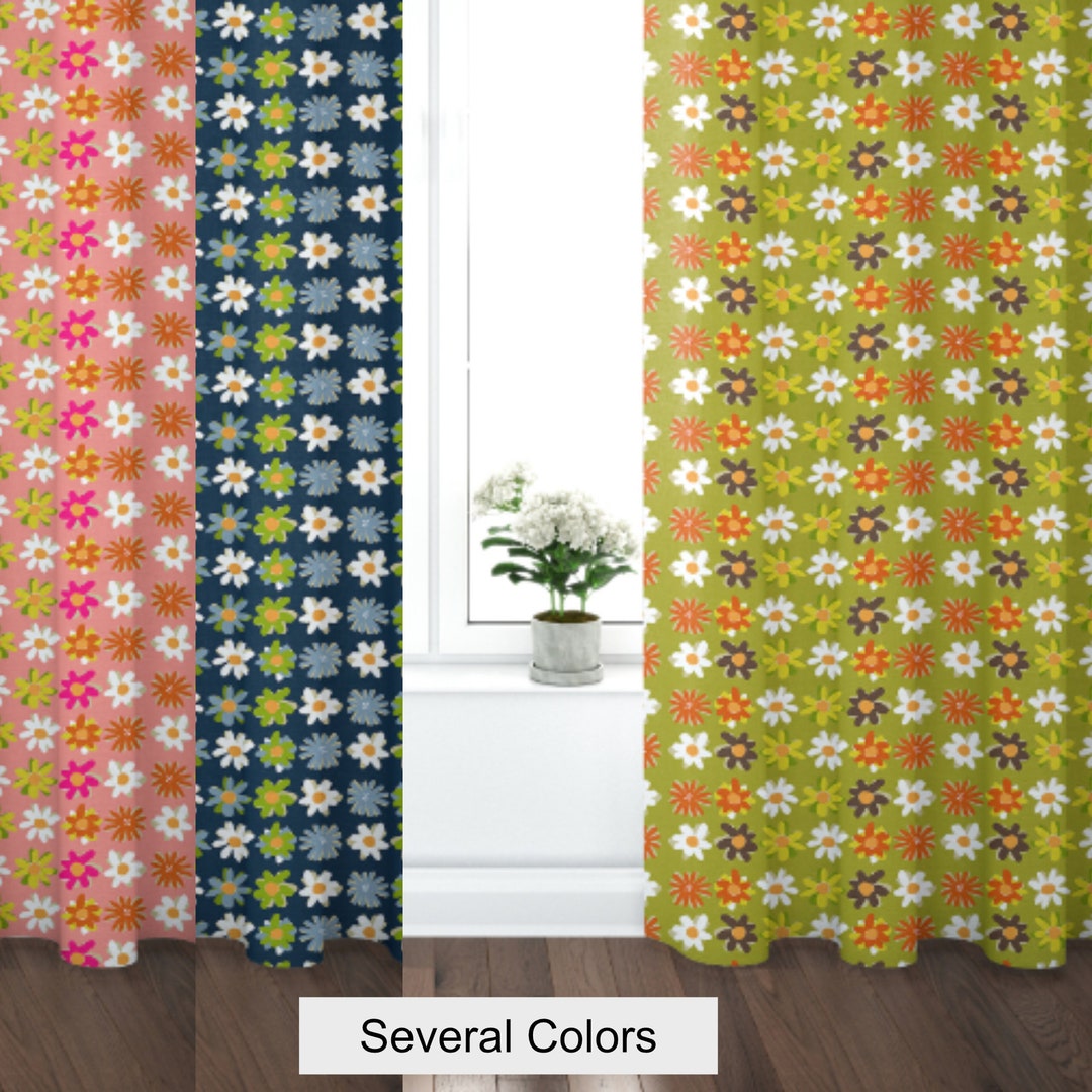 Curtain Blackout or Sheer Panel Vintage Style Retro 60s 70s Floral Flowers Orange Pink Green ...