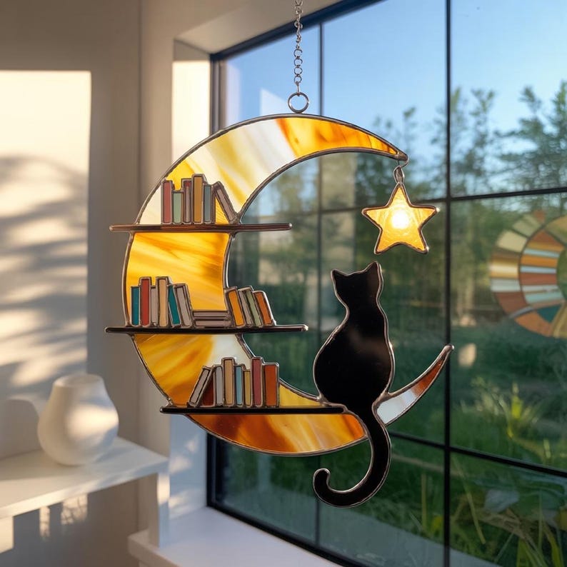 Moon Cat Window Hanging, Handmade Suncatcher, Book Lover Decor, Cozy ...