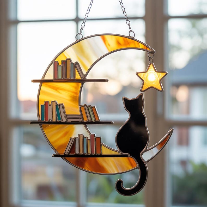 Moon Cat Window Hanging, Handmade Suncatcher, Book Lover Decor, Cozy ...