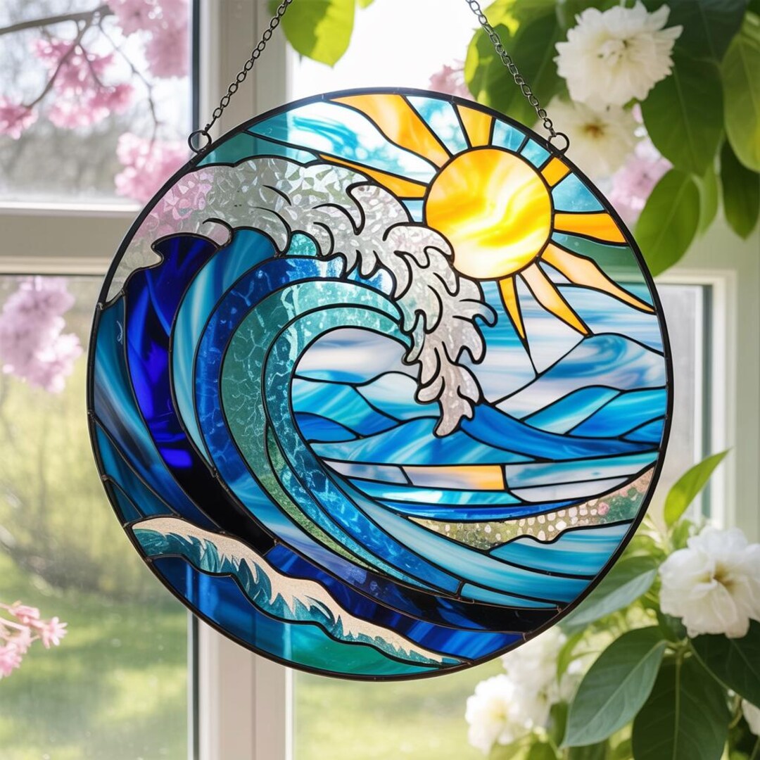 Ocean Waves Stained Glass Suncatcher, Ocean Wave Window Hanging Decor ...