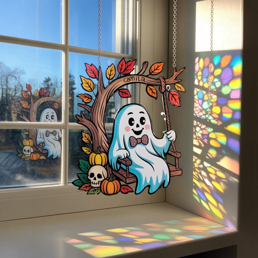 Funny Ghost on Swing Suncatcher, Custom Name Ghost Suncatcher, Spooky ...