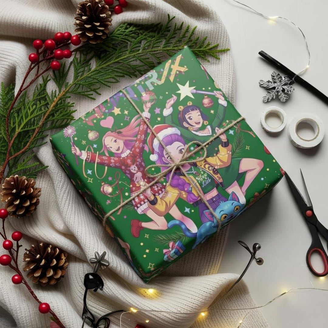 Huntrix Christmas Wrapping Paper Green Edition, Kpop Demon Hunters ...