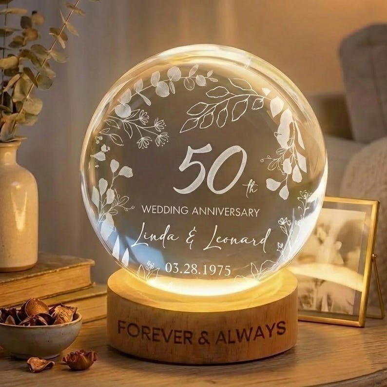 Custom Wedding Anniversary Crystal Ball LED Light, Personalized Golden ...