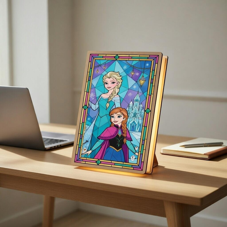 Frozen Book Lamp Stained Glass Style Disney Light, Elsa Anna Olaf LED ...