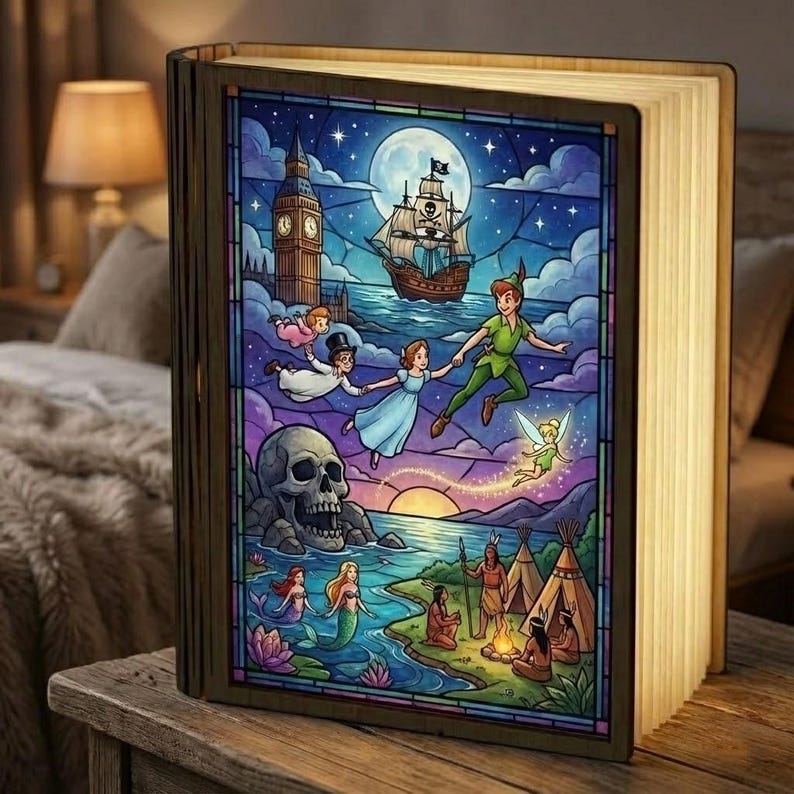 Peter Pan Book Lamp, Neverland Adventure Stained Glass Lamp, Peter ...