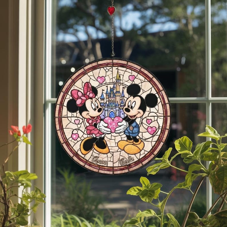 Mickey & Minnie Stained Glass Suncatcher, Disney Mouse Couple Window ...