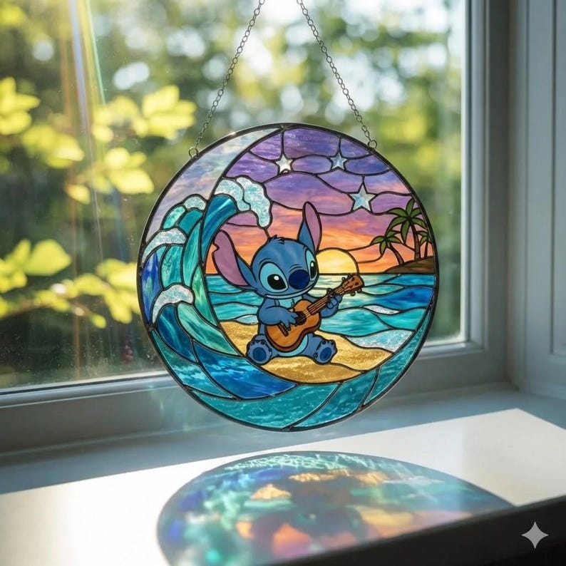 Stitch Stained Glass Suncatcher, Cute Stitch Beach Scene Window Hanging ...
