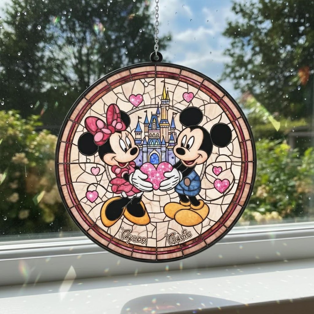 Mickey & Minnie Stained Glass Suncatcher, Disney Mouse Couple Window ...