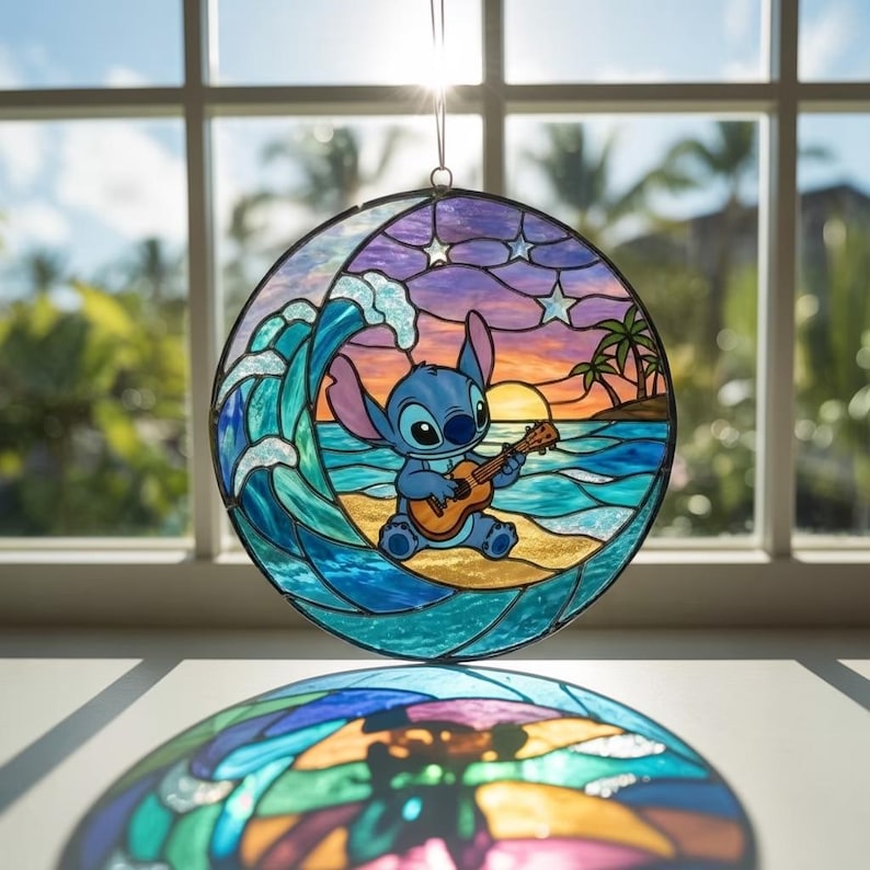 Stitch Stained Glass Suncatcher, Cute Stitch Beach Scene Window Hanging ...