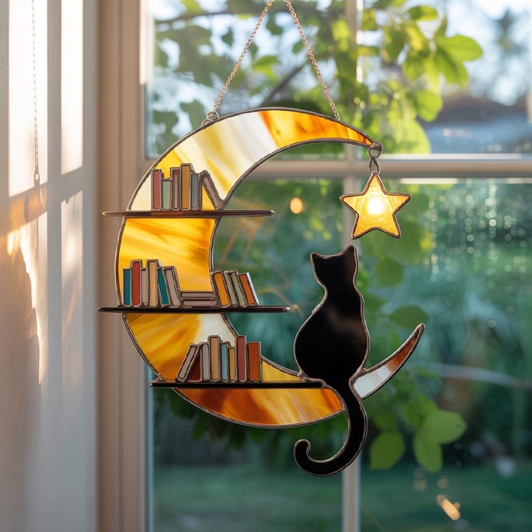 Moon Cat Window Hanging, Handmade Suncatcher, Book Lover Decor, Cozy ...