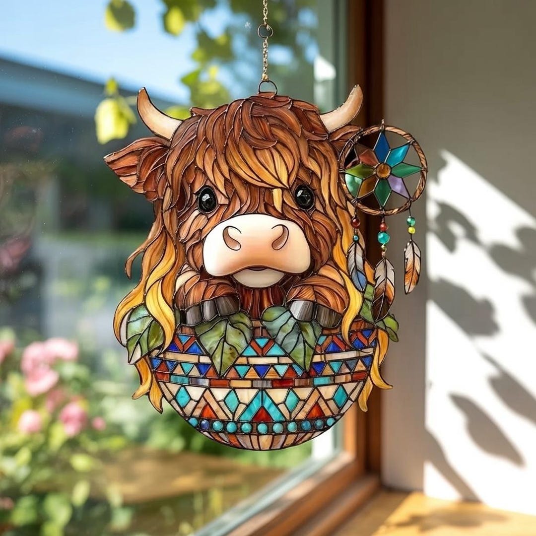 Highland Cow Suncatcher, Boho Cow Sun Catcher, Dreamcatcher Window Art ...
