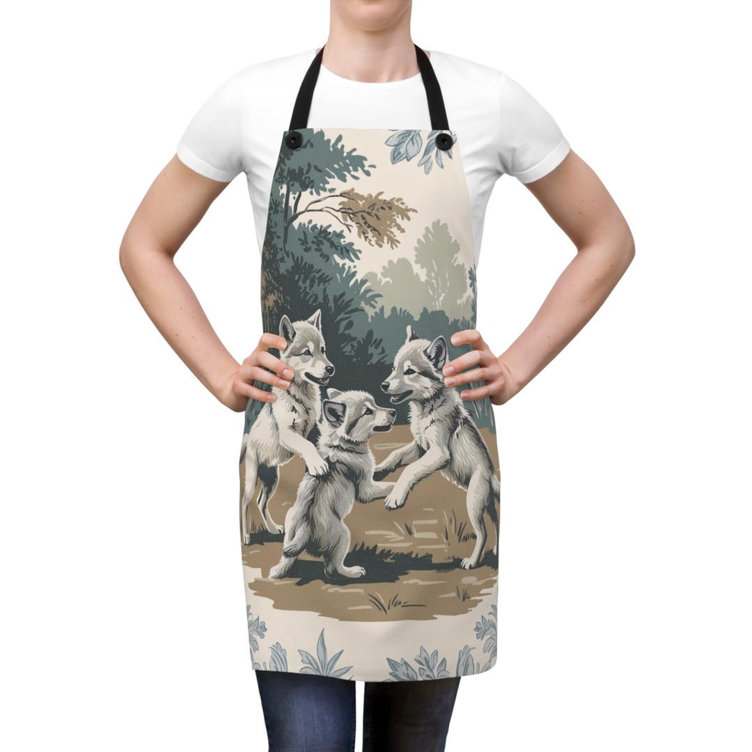 Wolf Dog Kitchen Apron, French Fabric Toile Design, Wolf Pups Pack ...