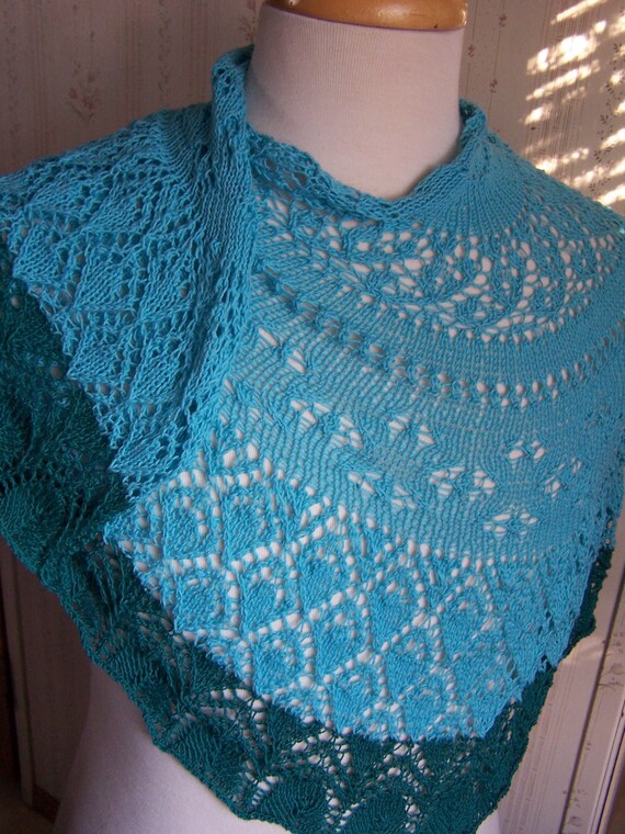 Half Pi Shawl Hand Knitted Shawl Aqua and Teal Colors Cotton - Etsy