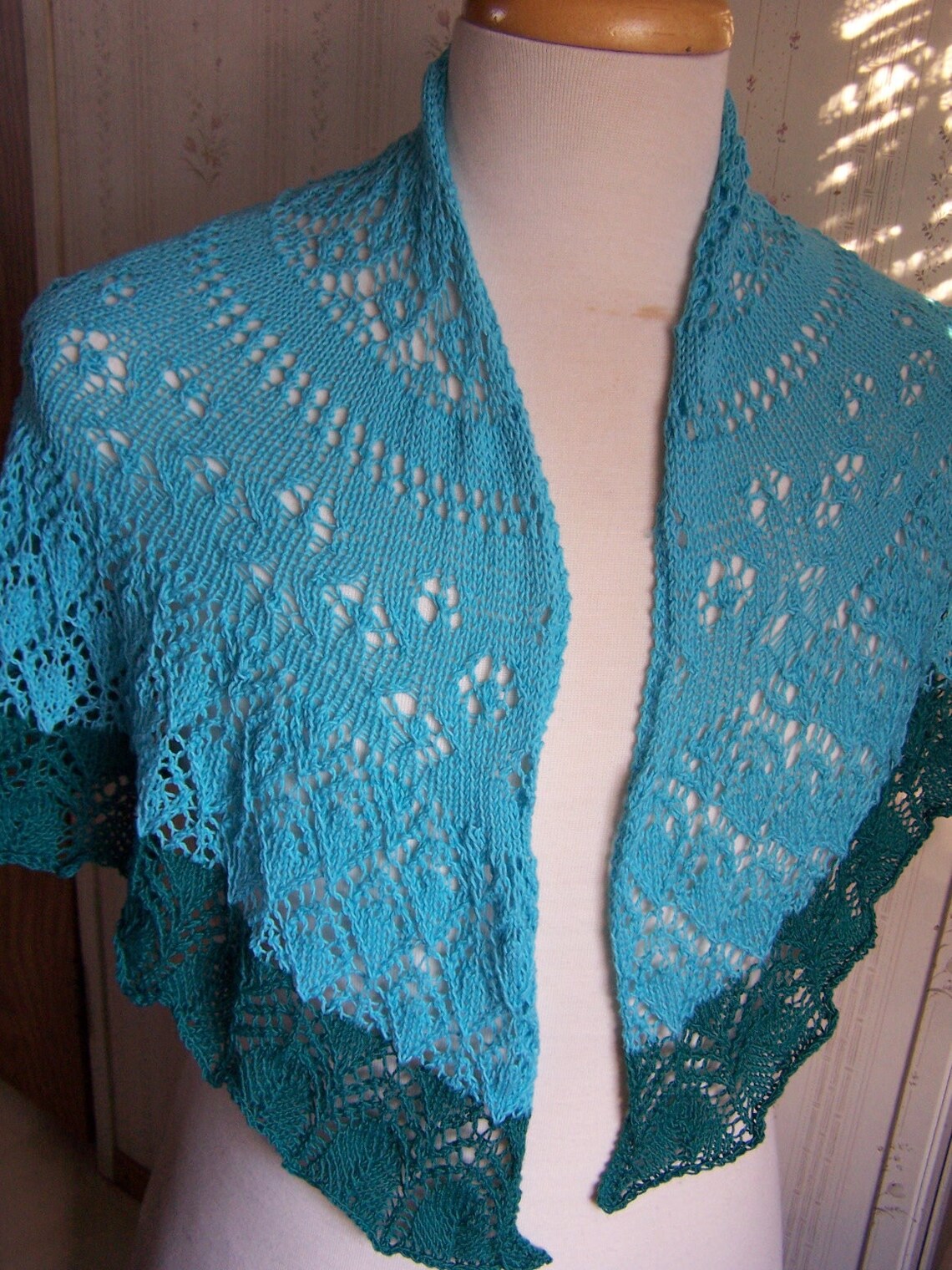 Half pi shawl hand knitted shawl aqua and teal colors cotton | Etsy