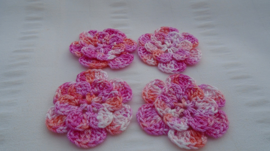 Appliques Hand Crocheted Flowers Set of 4 Raspberry Peach Cream Cotton ...
