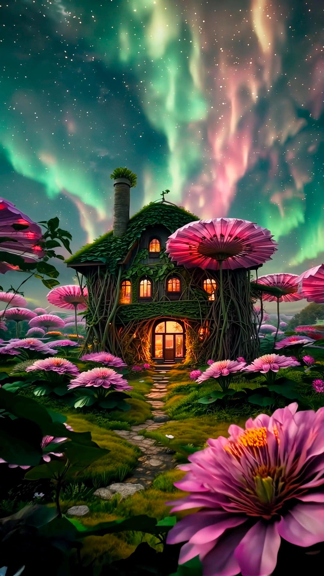 Giant Flower Meadow Live Wallpaper | Cliffside Serenity & Aurora Glow ...