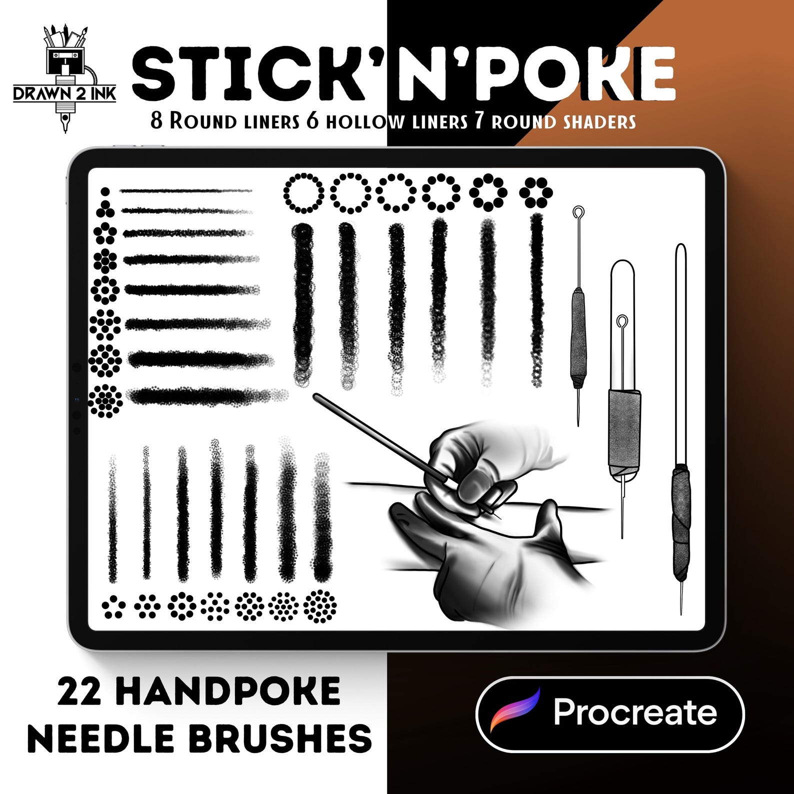 Stick N Poke Tattoo Brushes for Procreate: 22 Needle Brushes + Flash ...