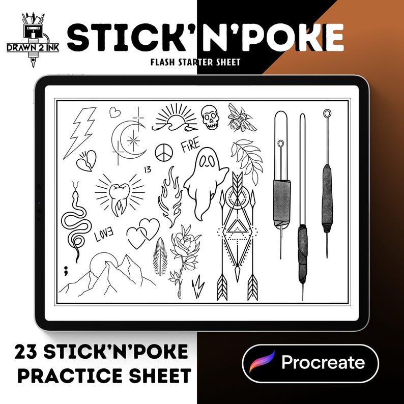 Stick N Poke Tattoo Brushes for Procreate: 22 Needle Brushes + Flash ...