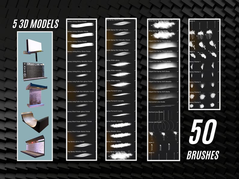 3D Graffiti Procreate Set 5 Realistic Models & 50 Spray Paint Brushes ...
