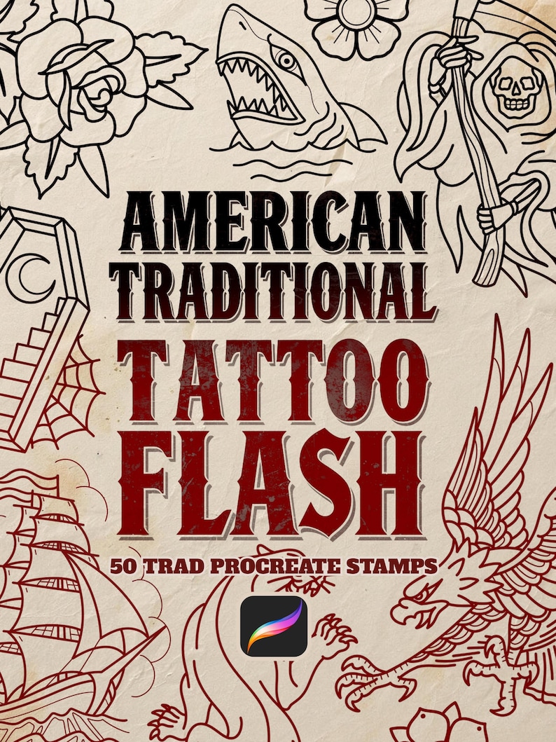 50 American Traditional Tattoo Procreate Stamps: Flash Art Brushset ...