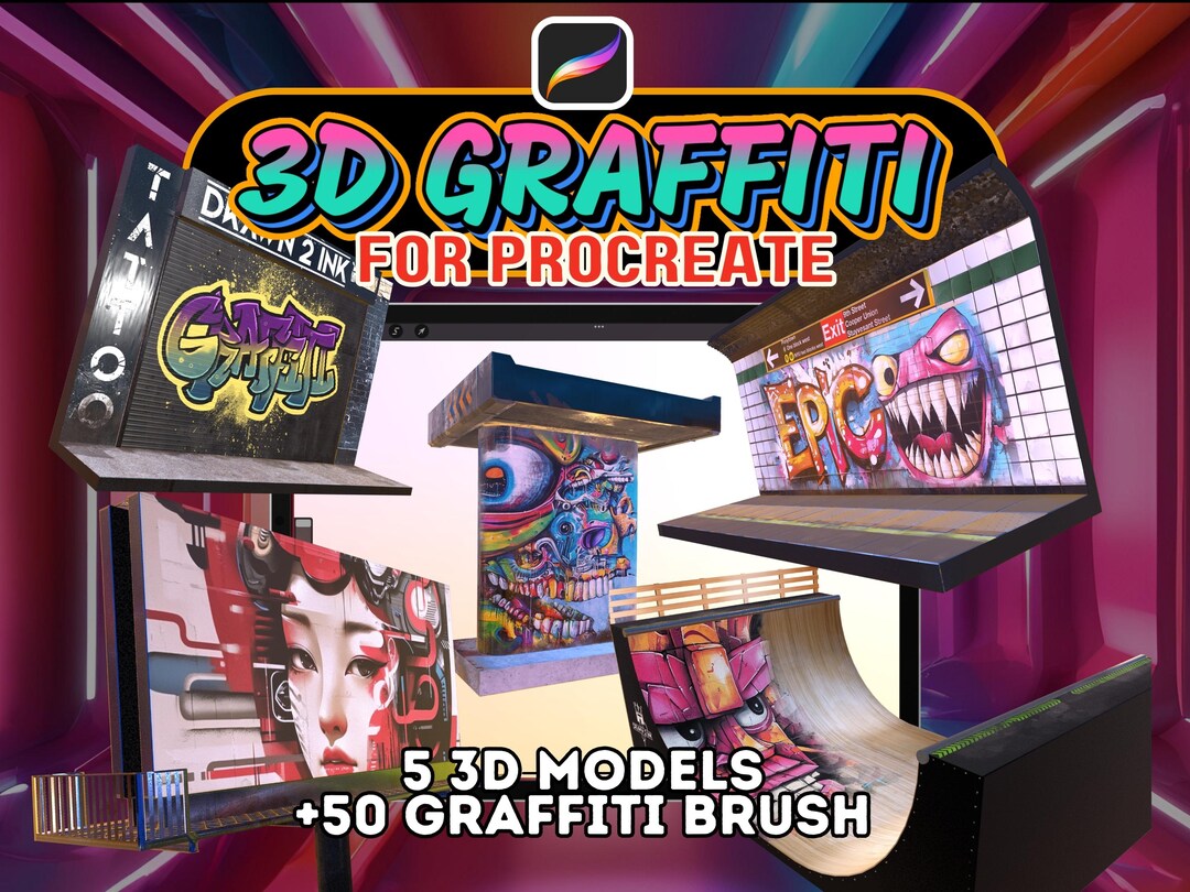 3D Graffiti Procreate Set 5 Realistic Models & 50 Spray Paint Brushes ...