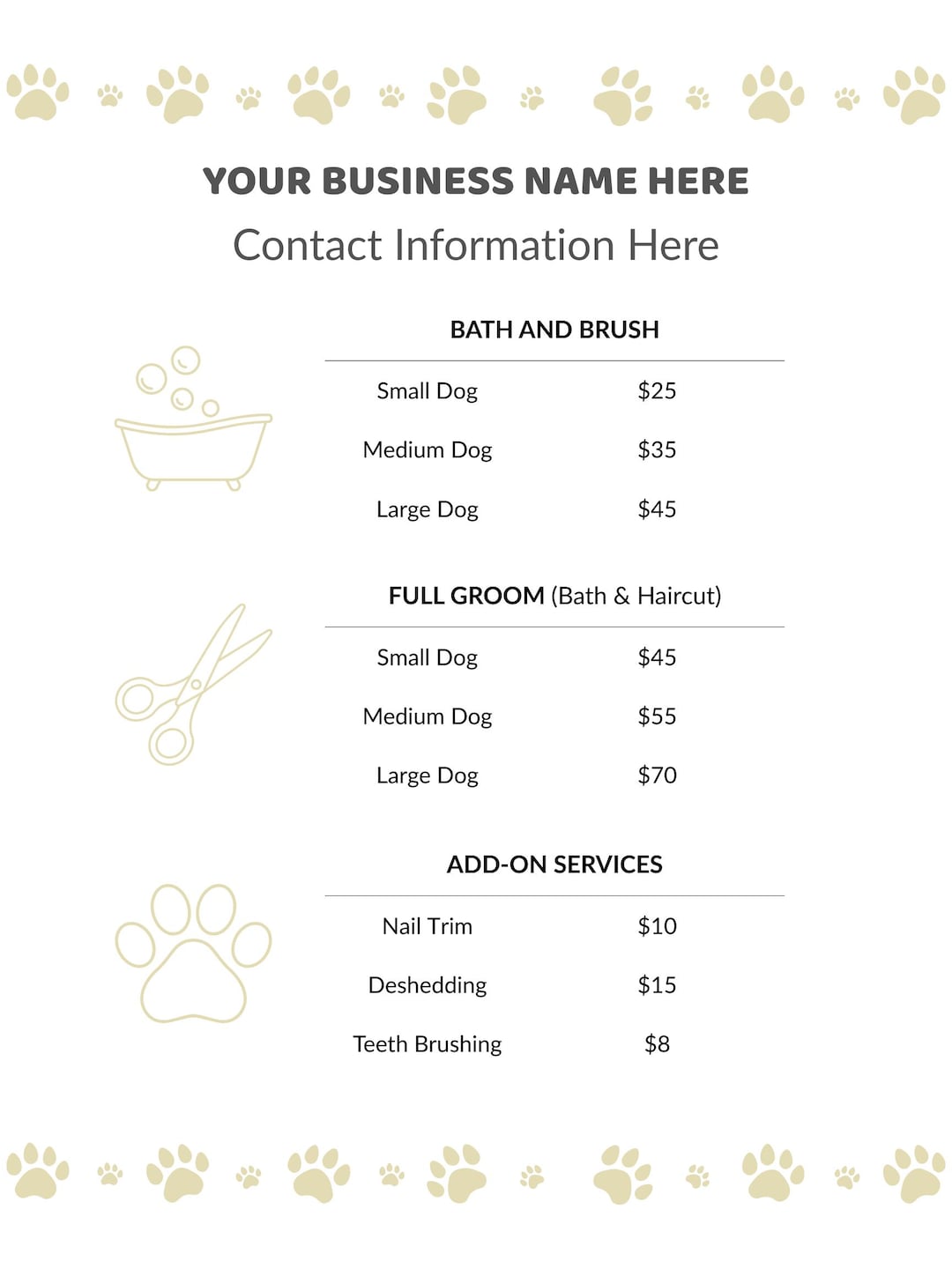 Editable Dog Grooming Price List Template | Pet Groomer Services Menu ...