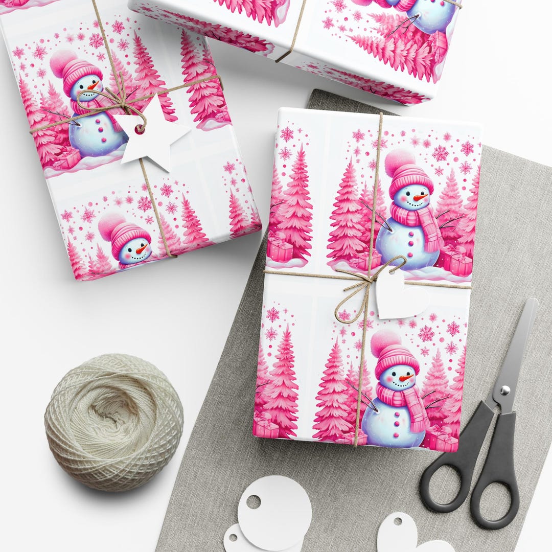 Pink Christmas Gift Wrap, Pink Snowman Wrapping Paper, Girly Christmas ...