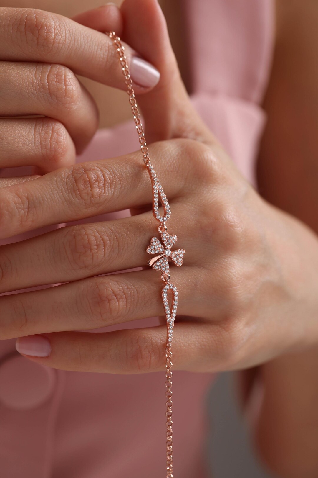 925 Sterling Silver Rose Plated Handcuff Model Clover Bracelet Gift ...