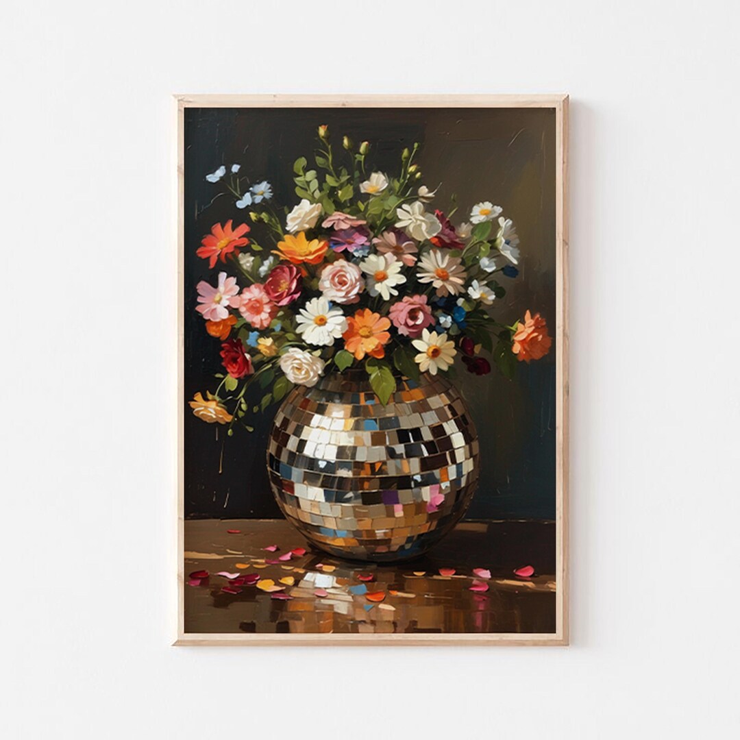 Disco Ball Vase Floral Art - Modern Flower Bouquet Painting, Unique ...