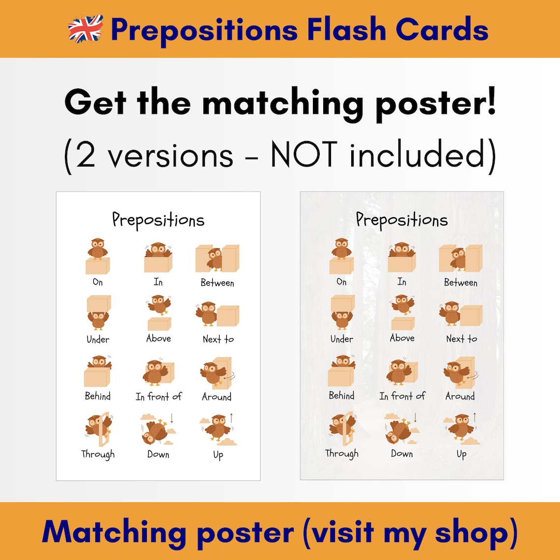 English Prepositions Flash Cards, Prepositions Cards, ESL Flash Cards ...