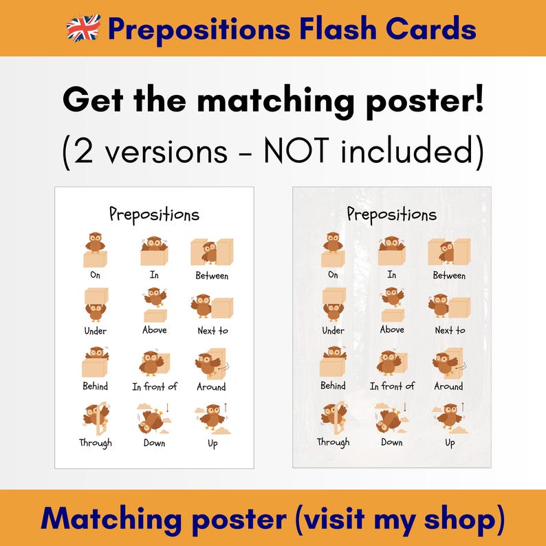 English Prepositions Flash Cards, Prepositions Cards, ESL Flash Cards ...