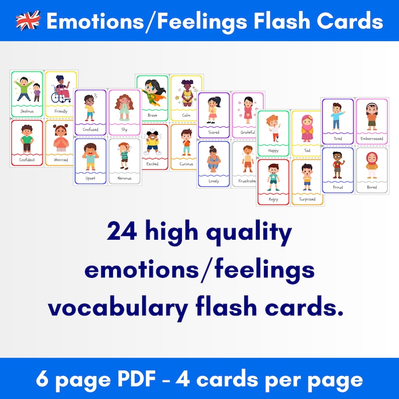 Emotions / Feelings Vocabulary Flash Cards - Educational Printable for ...