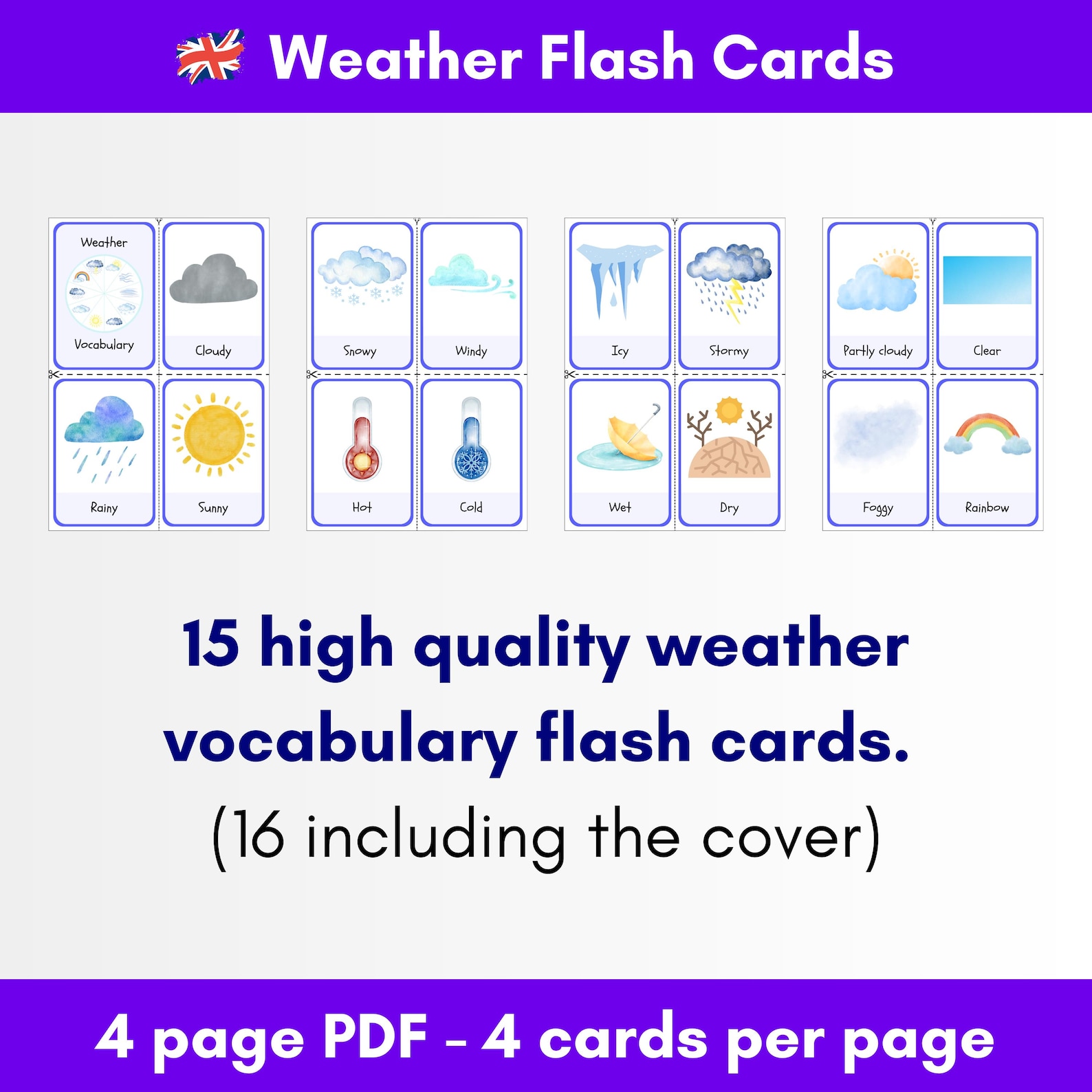 15 Weather Flash Cards - Weather Flashcards - Educational Printable for ...
