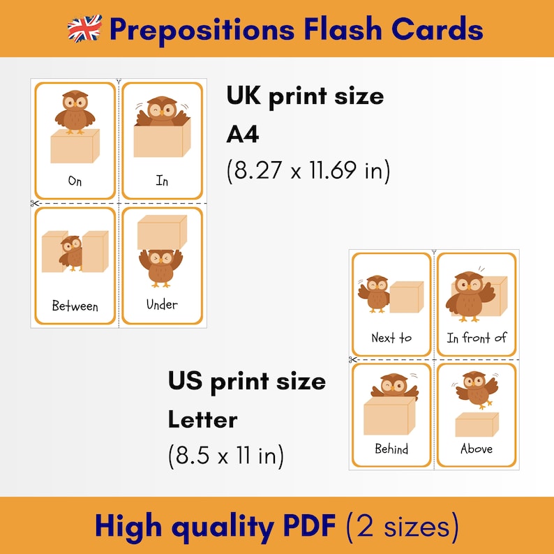 English Prepositions Flash Cards, Prepositions Cards, ESL Flash Cards ...