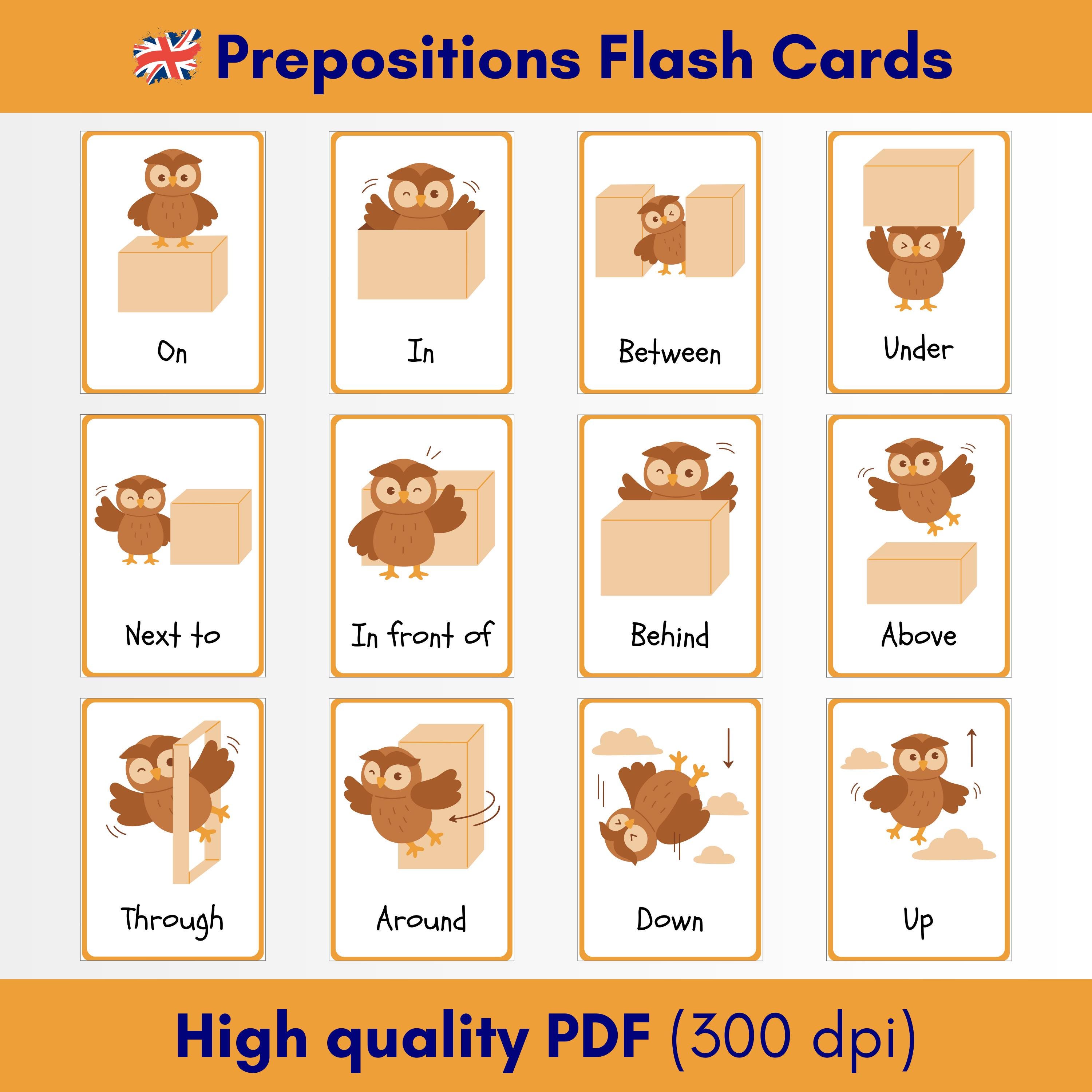 English Prepositions Flash Cards, Prepositions Cards, ESL Flash Cards ...